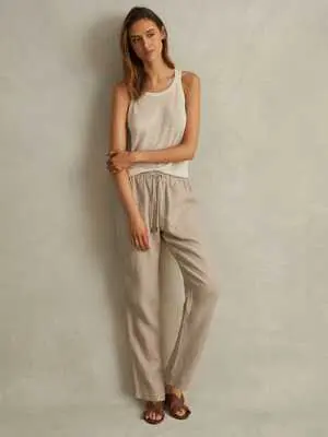 REISS Romie Drawstring Linen Trousers - Sand