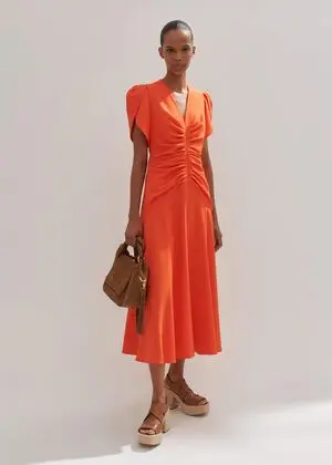 ME+EM Textured Pleat Front Midi Dress - Orange