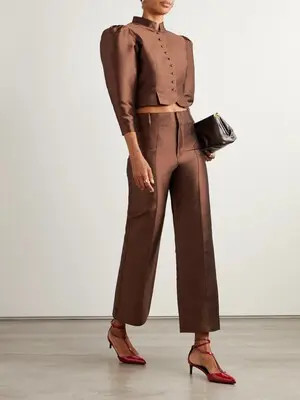 DESTREE Yoshi Cropped Taffeta Flared Pants - Brown