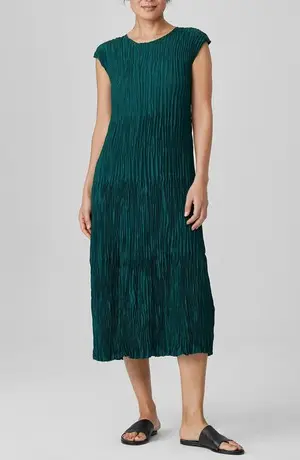 Eileen Fisher Pleated Tiered Silk Midi Dress