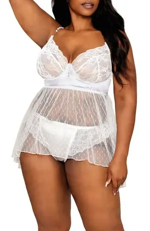 DREAMGIRL Lace & Satin Babydoll Chemise & Panty Set - White