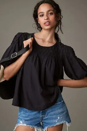 Anthropologie By Anthropologie Liza Puff-Sleeve Smocked Linen Top Black