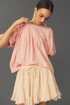 Anthropologie By Anthropologie Liza Puff-Sleeve Smocked Linen Top Pink