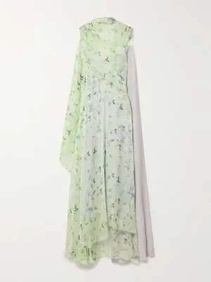 givenchy draped dress in silk georgette with lavallière Givenchy Lavaliere Cape-Effect Satin-Trimmed Draped Floral-Print Silk-Chiffon  Gown In Blue - 50% Off