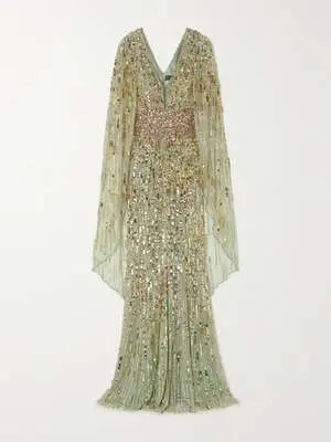Jenny Packham Honey Pie Cape-effect Embellished Sequined Tulle Gown
