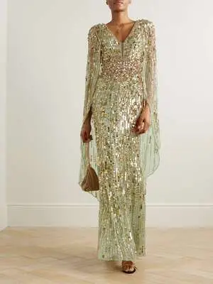 Jenny Packham Honey Pie Cape-effect Embellished Sequined Tulle Gown