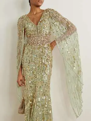 Jenny Packham Honey Pie Cape-effect Embellished Sequined Tulle Gown
