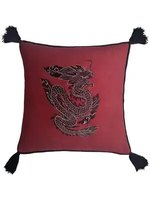 LES-OTTOMANS Dragon Embroidered Cushion - Red