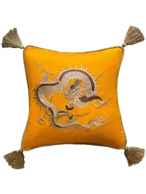 LES-OTTOMANS Dragon Embroidered Cushion - Yellow