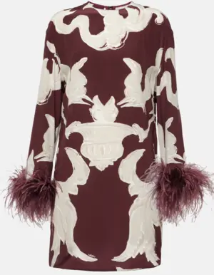 Valentino Garavani Printed Feather-trimmed Silk Minidress Burgundy,ecru