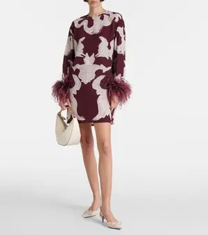 Valentino Garavani Printed Feather-trimmed Silk Minidress - Burgundy