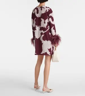 Valentino Garavani Printed Feather-trimmed Silk Minidress - Burgundy