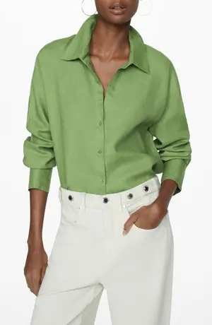 Mango Button-up Linen Shirt - Green