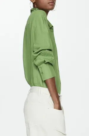 Mango Button-up Linen Shirt - Green