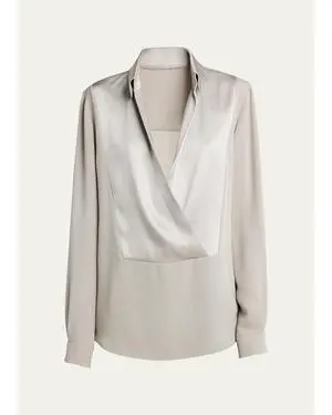 Giorgio Armani Silk Georgette Wrap Blouse - Silver