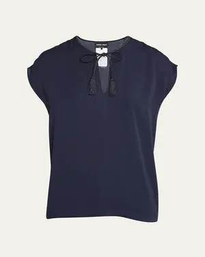 Giorgio Armani Silk Georgette Blouse With Fringe Tie - Navy