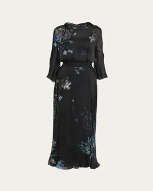 Giorgio Armani Floral Print Silk Gown With Smocked Waist - Solid Black