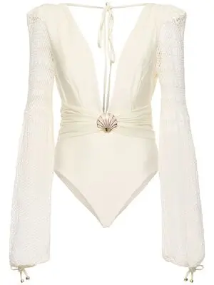 PatBO Plunge Neck Long Sleeve Swimsuit - White