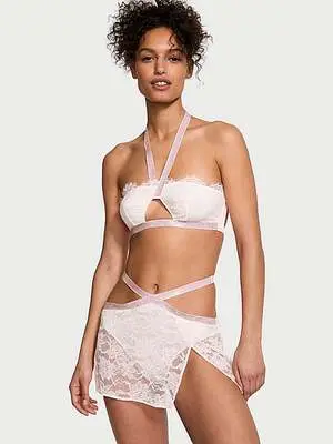Victoria's Secret Shine Strap Halter Bralette & Mini Skirt Set - White,ivory