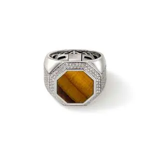 John Hardy Signet Ring In Sterling With Tiger Eye And Diamond Pav - Silver