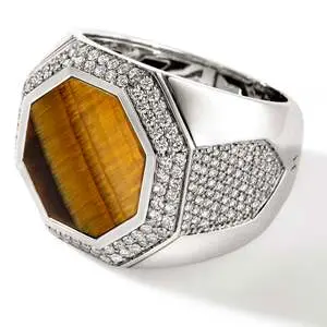 John Hardy Signet Ring In Sterling With Tiger Eye And Diamond Pav
