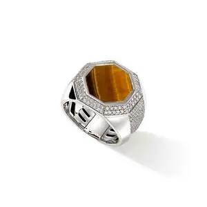 John Hardy Signet Ring In Sterling With Tiger Eye And Diamond Pav