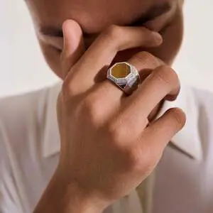 John Hardy Signet Ring In Sterling With Tiger Eye And Diamond Pav