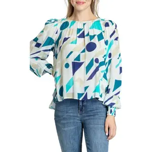APNY Leopard Print Gathered Neck Chiffon Blouse - Blue Multi