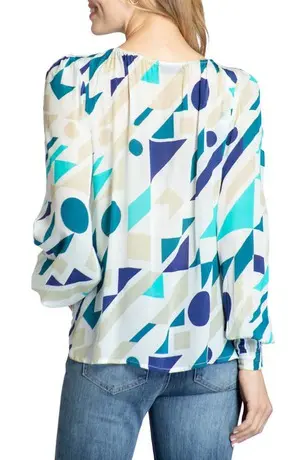 APNY Leopard Print Gathered Neck Chiffon Blouse - Blue Multi