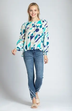 APNY Leopard Print Gathered Neck Chiffon Blouse - Blue Multi