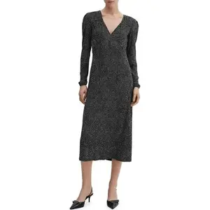 Mango Dot Split Neck Long Sleeve Midi Dress - Black