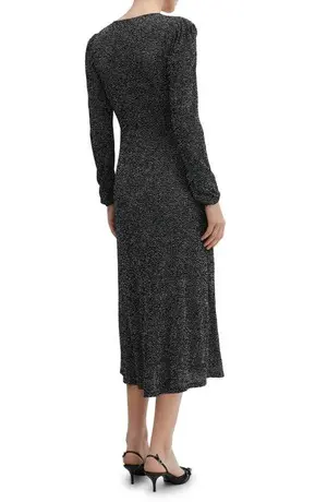 Mango Dot Split Neck Long Sleeve Midi Dress - Black