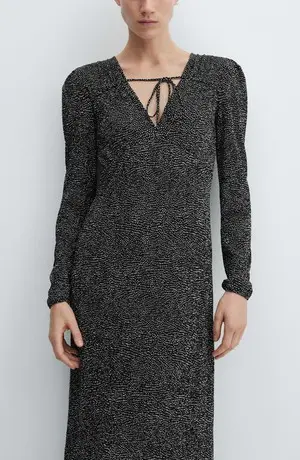 Mango Dot Split Neck Long Sleeve Midi Dress - Black