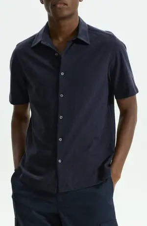 Theory Noran Short Sleeve Knit Button-up Shirt Eclipse