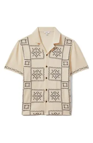 REISS Cosmos Embroidered Short Sleeve Cotton Button-up Shirt