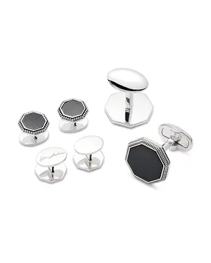 JAN LESLIE Octagon Gemstone With Antique Border Cufflinks And Sterling Silver Stud Set - Black