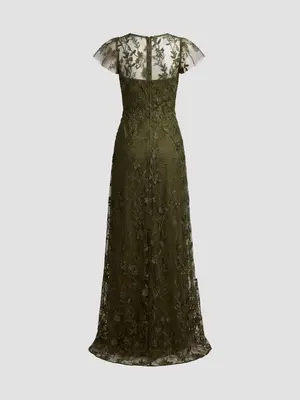 Mac Duggal Floral Appliqué Tulle Gown - Olive