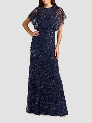 Mac Duggal Beaded Sequin Shawl Gown - Midnight
