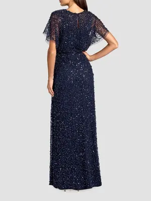 Mac Duggal Beaded Sequin Shawl Gown - Midnight