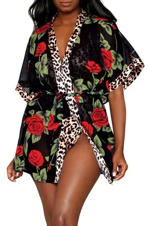 DREAMGIRL Leopard Print Teddy & Robe Set - Leopard/ Rose