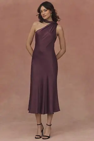 Bhldn Nicoletta One-shoulder Scarf Satin Midi Dress - Dark Violet