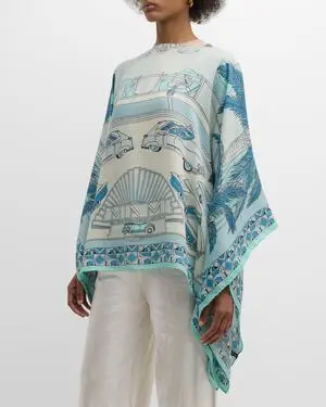 Rani Arabella Rani Arabella Miami Print Cashmere-Blend Poncho - Aqua