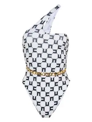 Elisabetta Franchi Monogram One-shoulder Swimsuit With Chain - White