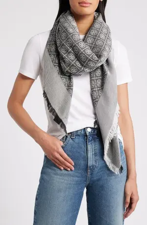 Tory Burch T-monogram Jacquard Wool & Silk Square Scarf Washed Gray