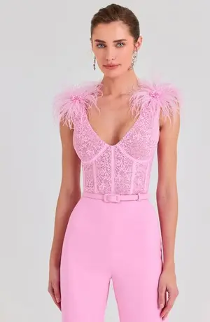 Nadine Merabi Ostrich Feather Lace Bodice Belted Jumpsuit In Light/Pastel  Pink - 61% Off | Editorialist