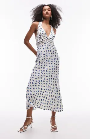 Topshop Floral Lace Trim Satin Halter Dress