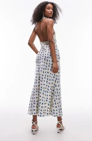 Topshop Floral Lace Trim Satin Halter Dress