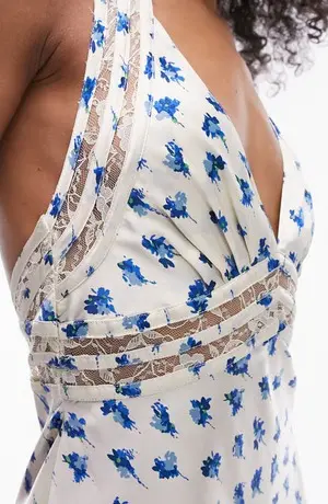 Topshop Floral Lace Trim Satin Halter Dress