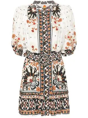 Farm Rio Flower Fan Print Mini Dress - Brown