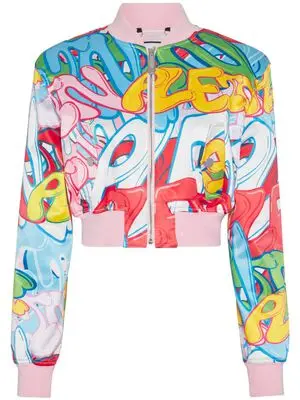 Philipp Plein Graffiti Logo Cropped Bomber Jacket - Pink